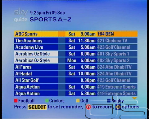 Sky EPG v4: Sports A-Z