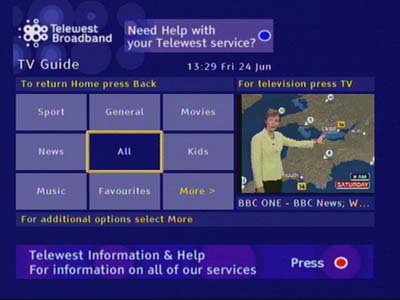 Telewest Broadband: 01 TV Guide Main Menu