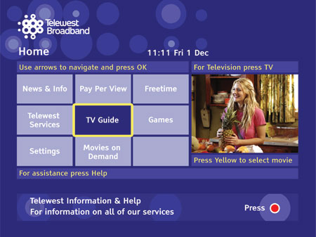 Telewest Video on Demand: Home screen